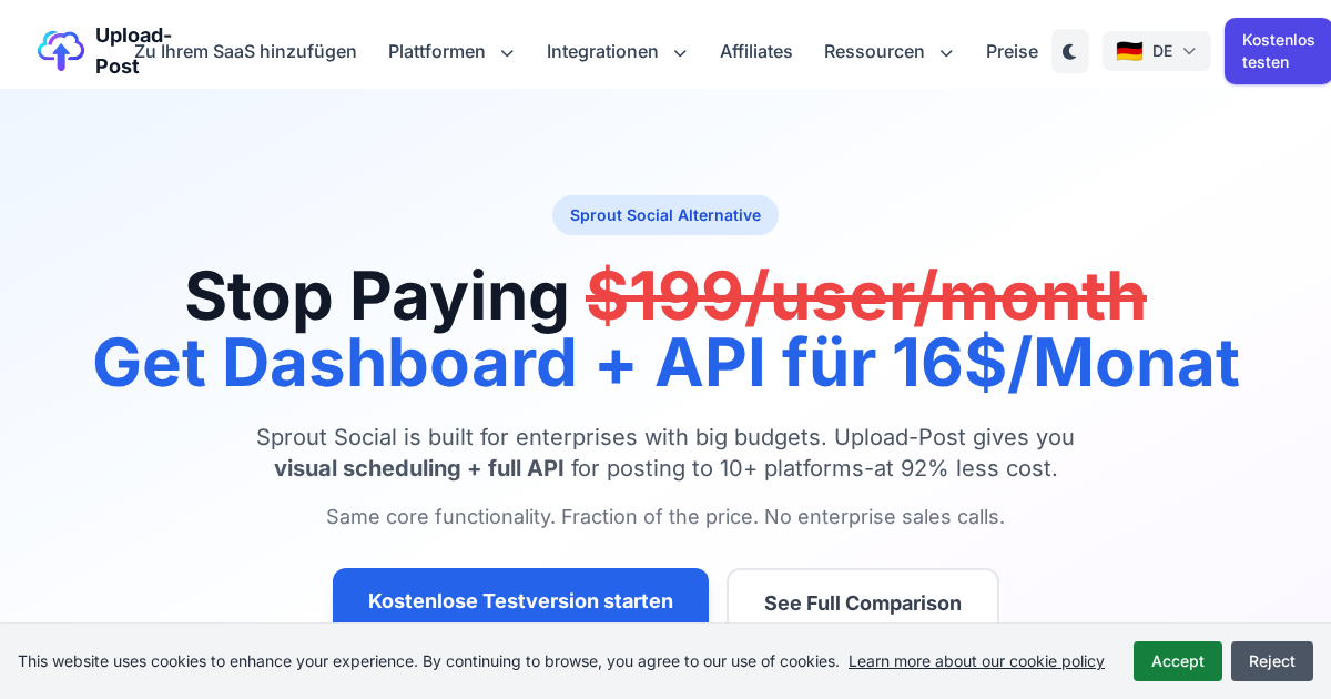 Sprout Social Alternative - 92% sparen mit Upload-Post | Dashboard + API