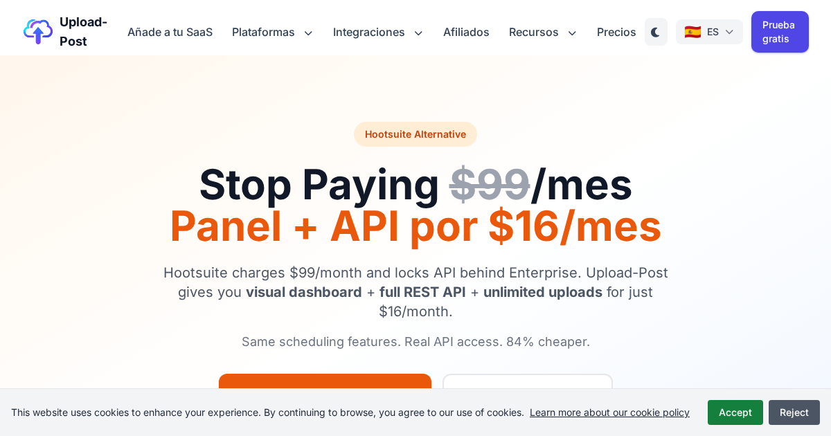 Alternativa a Hootsuite - Ahorra un 84% con Upload-Post | API-First ...