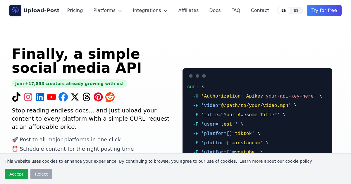 Upload-Post - API for uploading videos to TikTok, Instagram, LinkedIn, Youtube & more